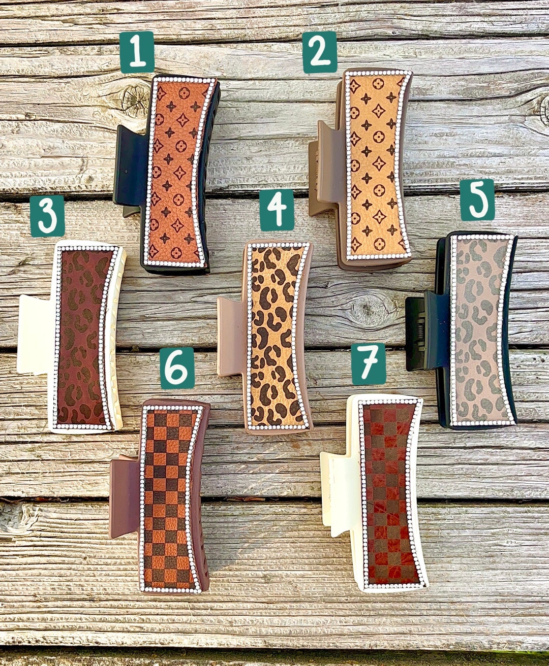 Rhinestone and Leather Hair Claw Clips | Designer Print Claw Clip ...