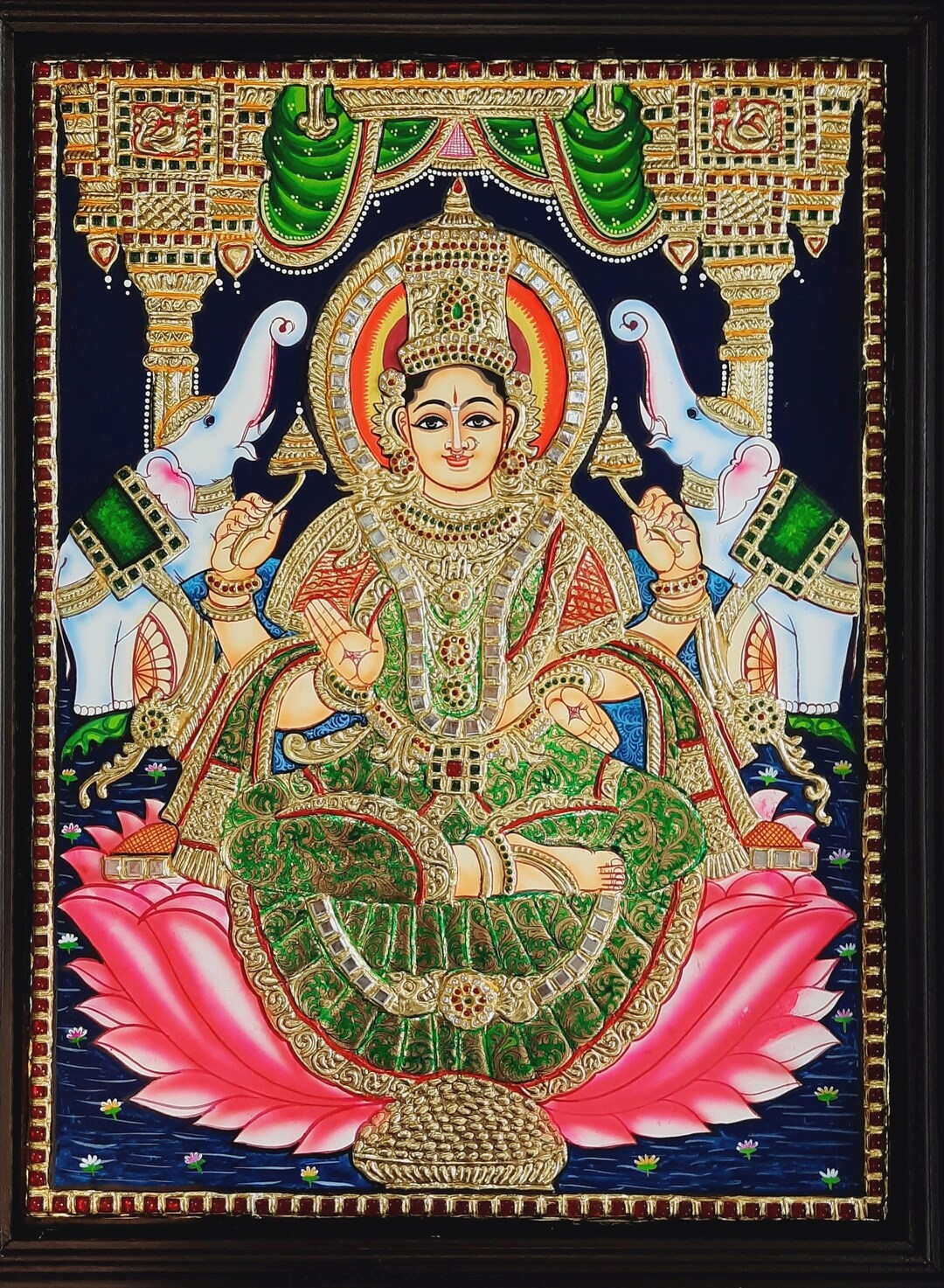 Gaja Lakshmi Tanjore Painting With Frame 22K Gold Foils Made Teakwood ...