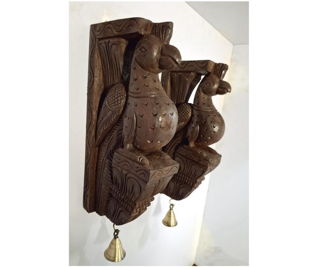 Hand Carved Wooden Bird Corbel Pair: Brown Finish, Brass Bells - Etsy