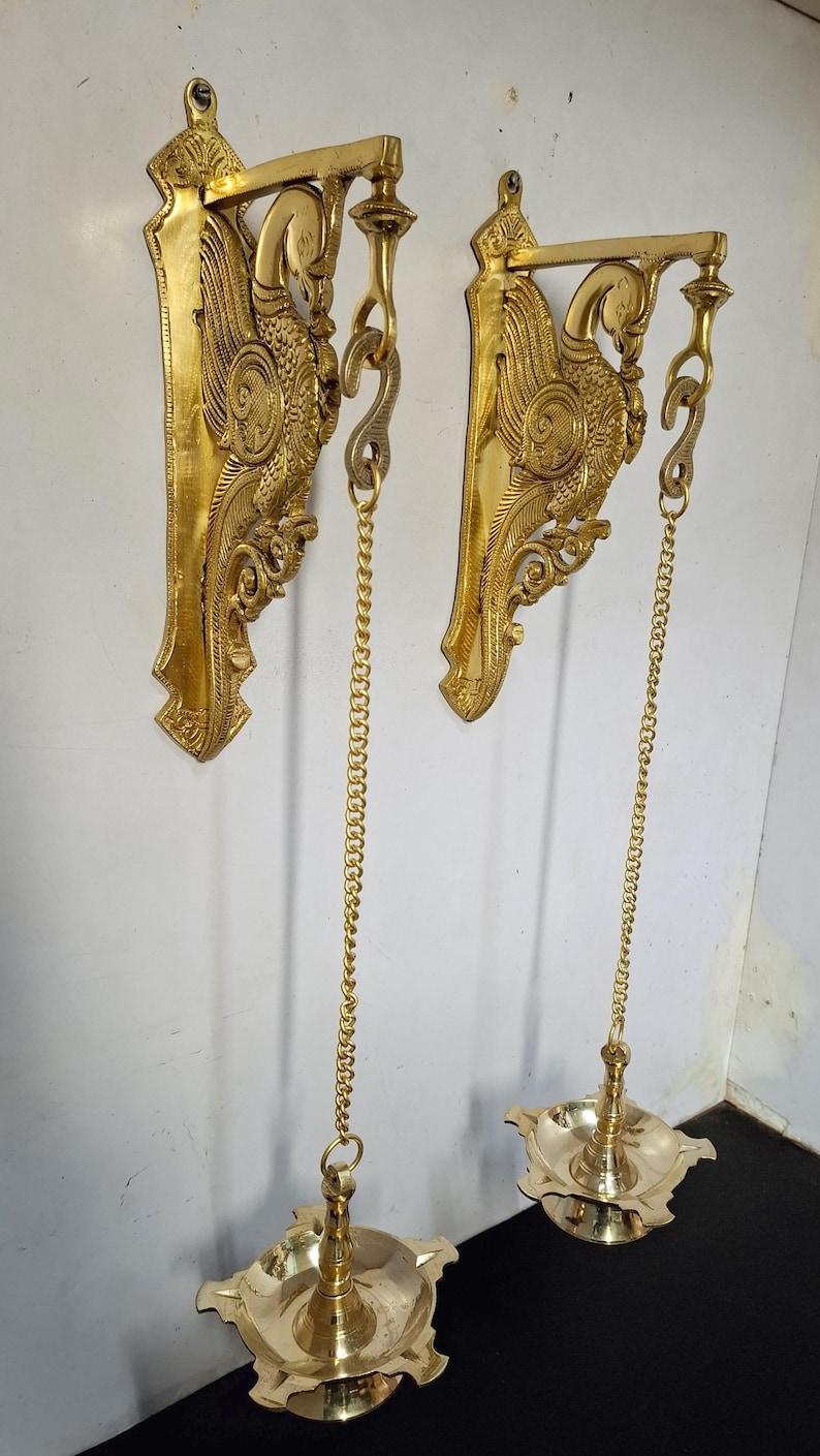 Brass Peacock Bird Wall Bracket Pair 12 Inch Hanging Oil Lamp 