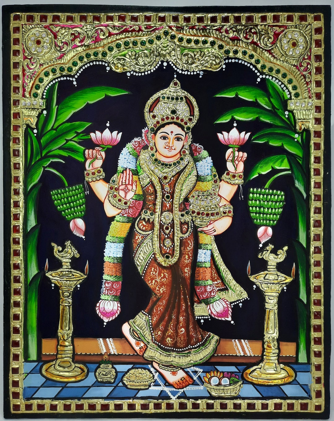 Graha Lakshmi Tanjore Painting: 22K Gold Foil, Teakwood Frame, Indian ...