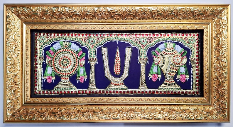 22K Gold Foil Tanjore Painting: Shanku Chakra Namam Vishnu Wall Art - Etsy