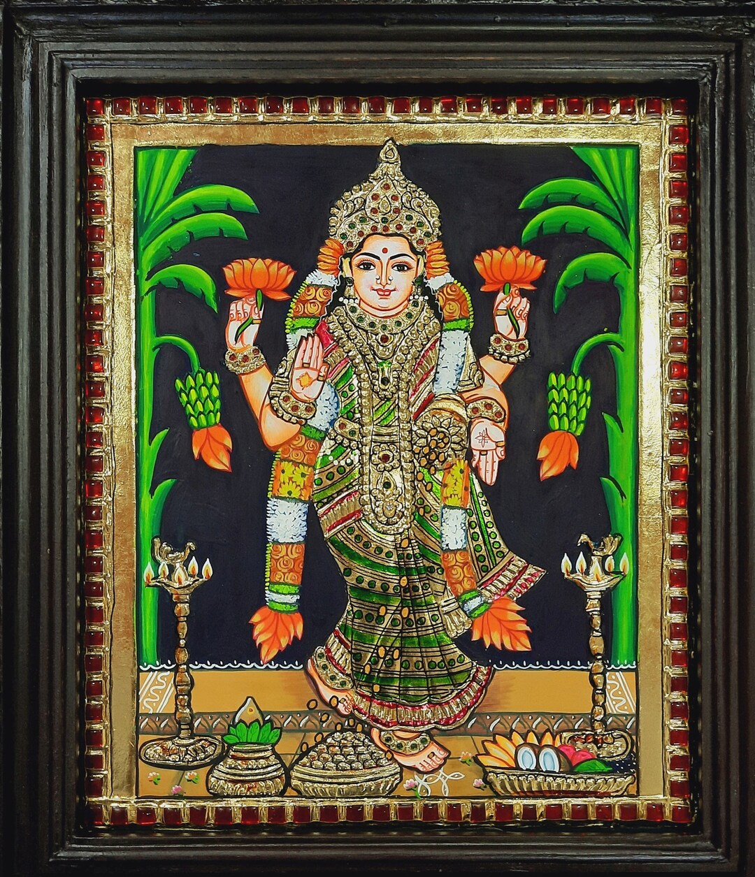 Graha Lakshmi Tanjore Painting: 22K Gold Foil, Teakwood Frame, Indian ...