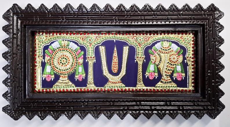 22K Gold Foil Tanjore Painting: Shanku Chakra Namam Vishnu Wall Art - Etsy