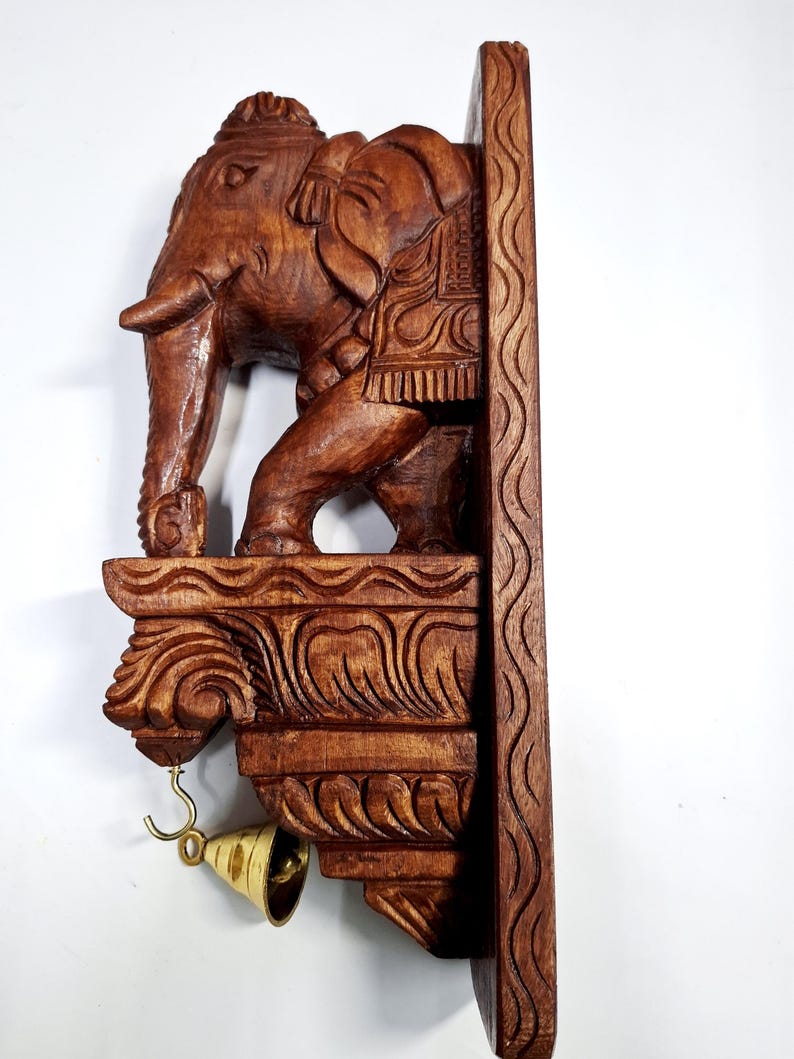 Wooden Elephant Wall Bracket 12" | Hand Carved Brown Finish Corbel With ...