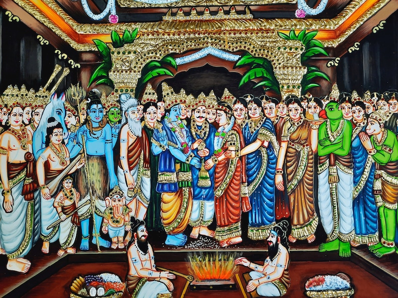 Srinivasa Kalyanam Tanjore Painting: 22K Gold, Teakwood Framed ...