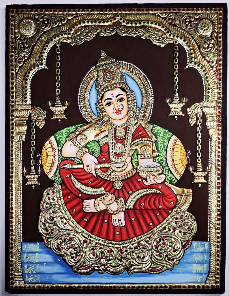 Annapoorani Tanjore Painting: 22K Gold, Teakwood Frame, Handmade Indian ...
