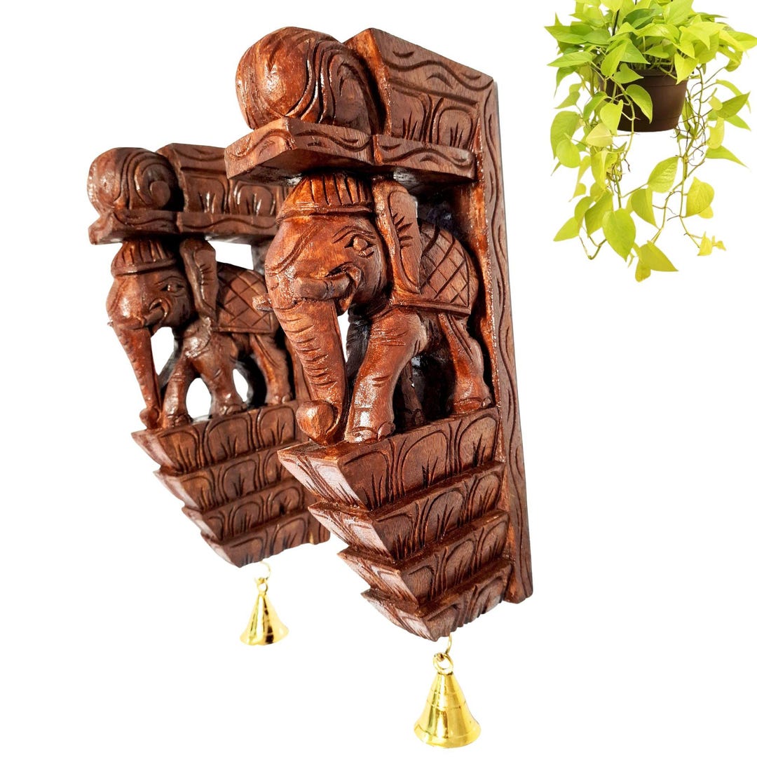 Hand-carved Wooden Elephant Corbels With Brass Bells | South Indian ...