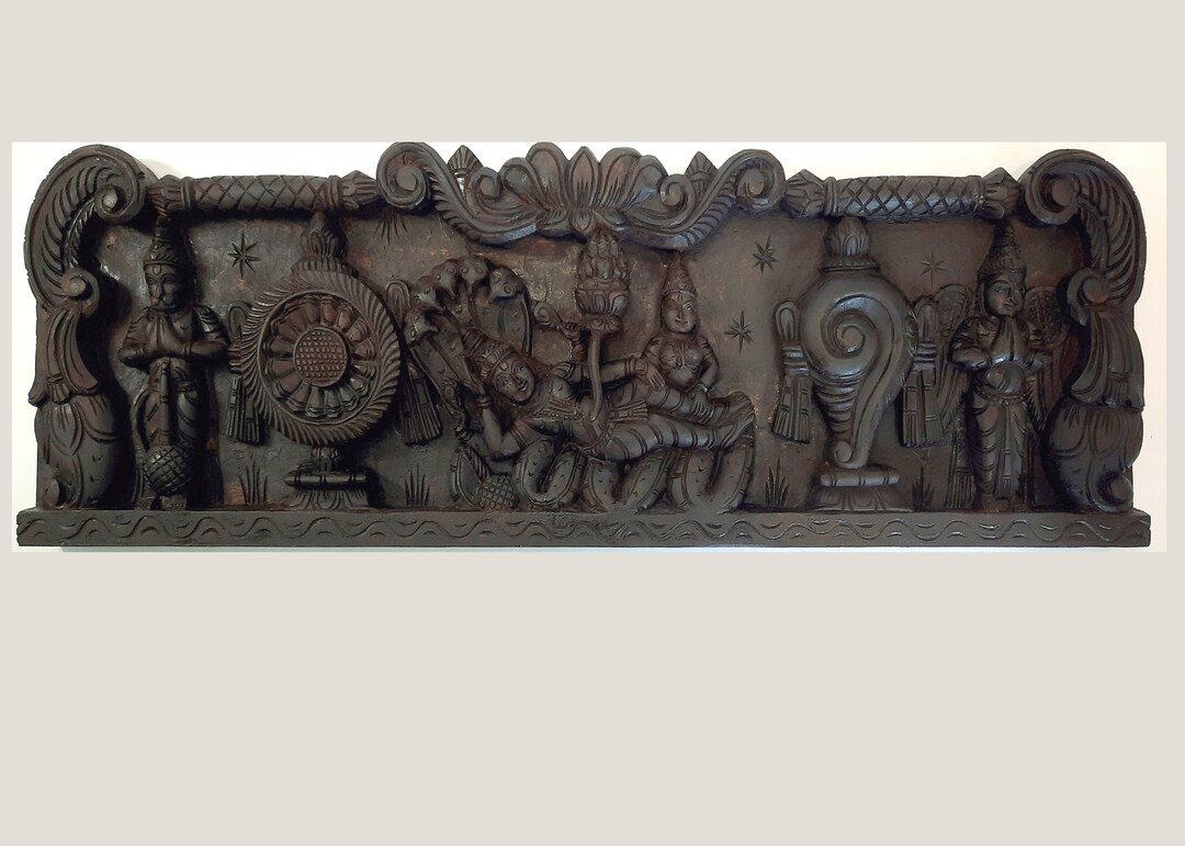Wooden Ranganatha Wall Panel Vishnu Lakshmi Statue Hindu God Mahavishnu ...