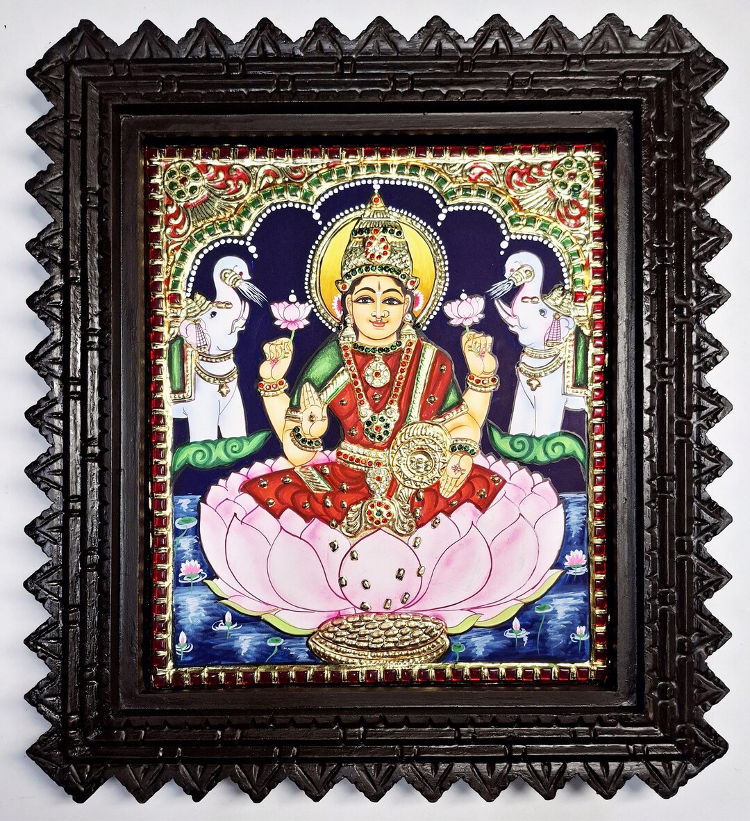 Gaja Lakshmi Tanjore Painting 22K Gold Foil | Teakwood Frame | 15x13 ...
