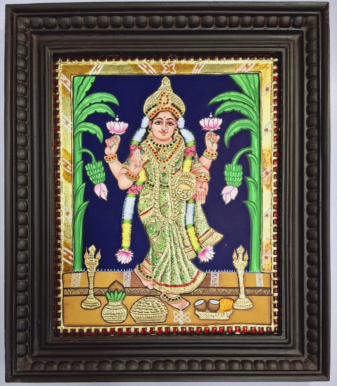 Graha Lakshmi Tanjore Painting: 22K Gold Foil, Teak Wood Frame, Indian ...