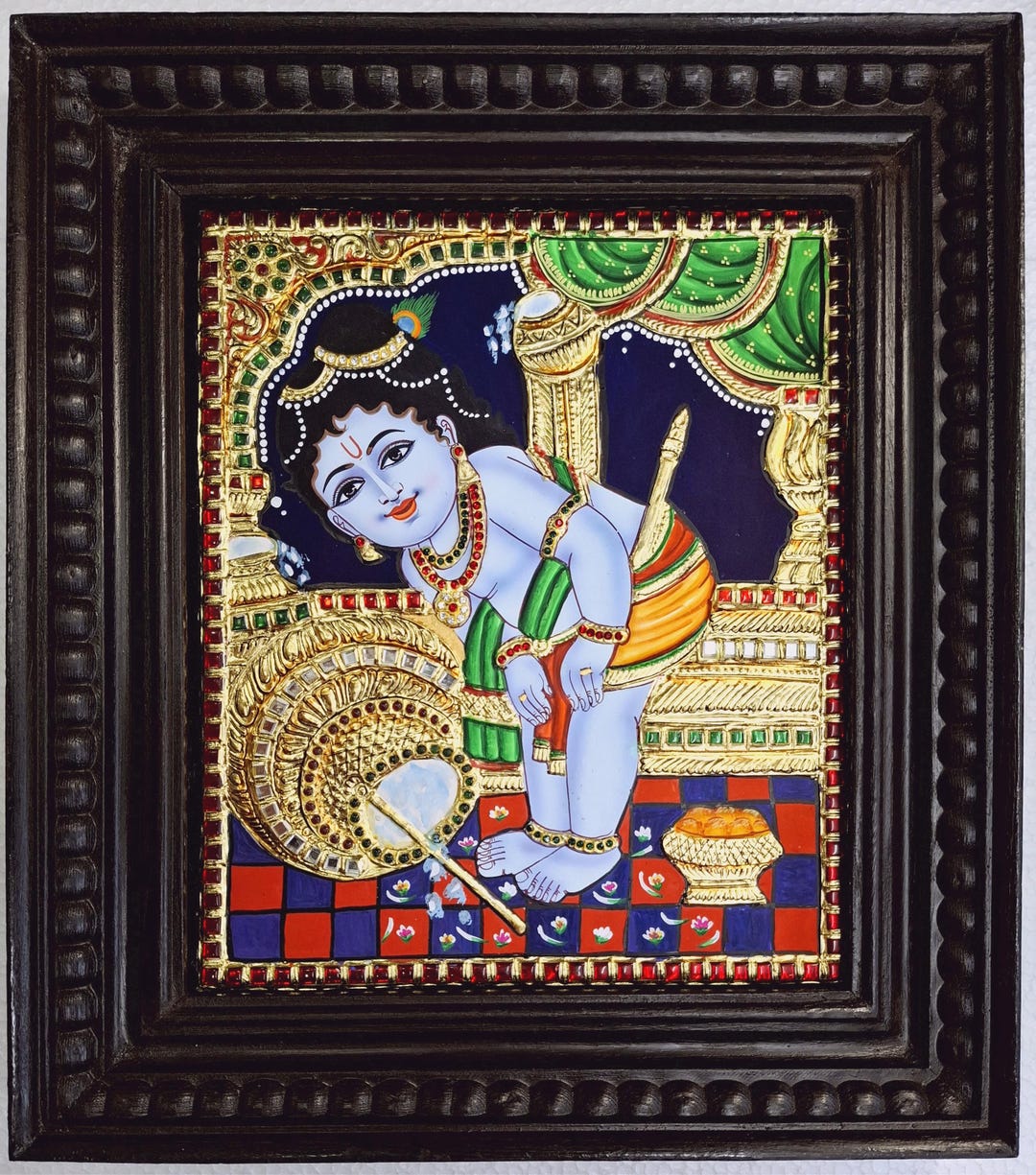 Bala Krishna Tanjore Painting: 22K Gold Foils, Teakwood Frame - Etsy UK