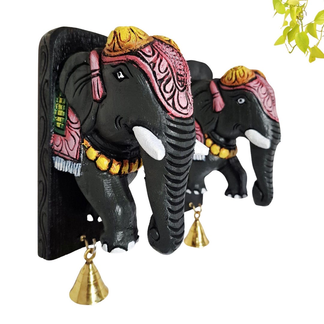 2 Pcs Wooden Elephant Wall Brackets With Brass Bells Hand Carved Indian ...