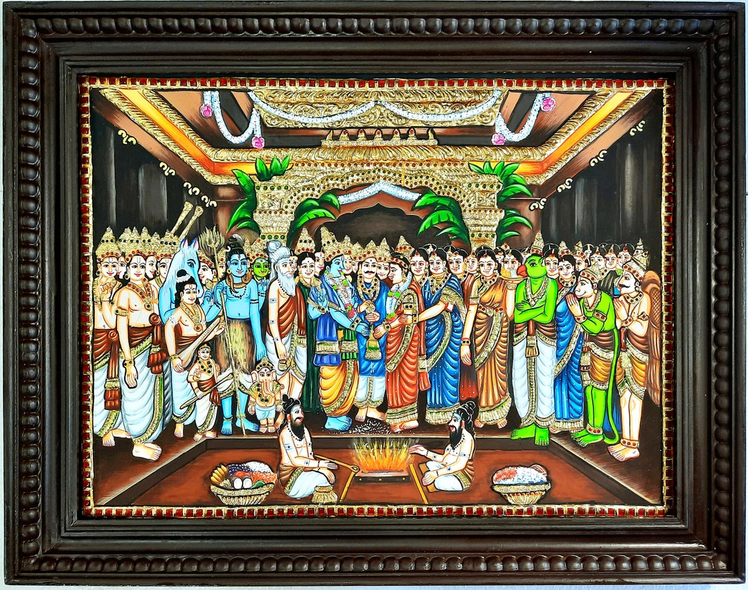 Srinivasa Kalyanam Tanjore Painting: 22K Gold, Teakwood Framed ...