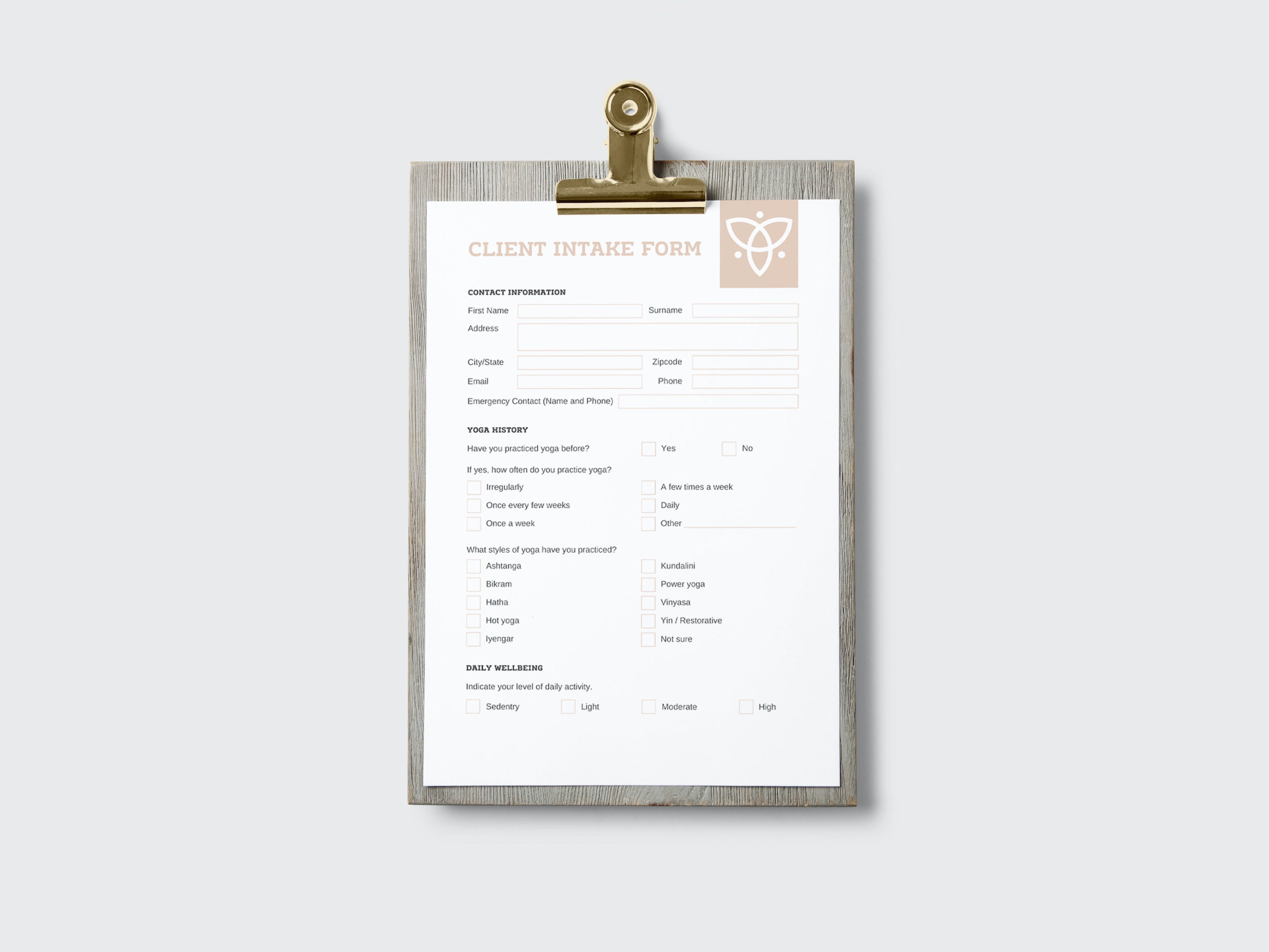 Custom A4 Yoga Client Intake Form - Yoga Customer Registration Form ...