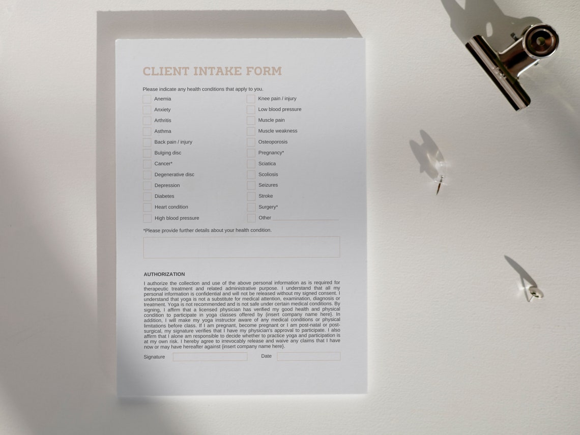 Custom A4 Yoga Client Intake Form - Yoga Customer Registration Form ...