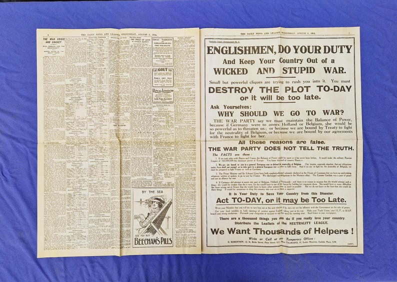 WW1 Newspaper Replica: Britain Declares War - August 5th, 1914 - Etsy UK