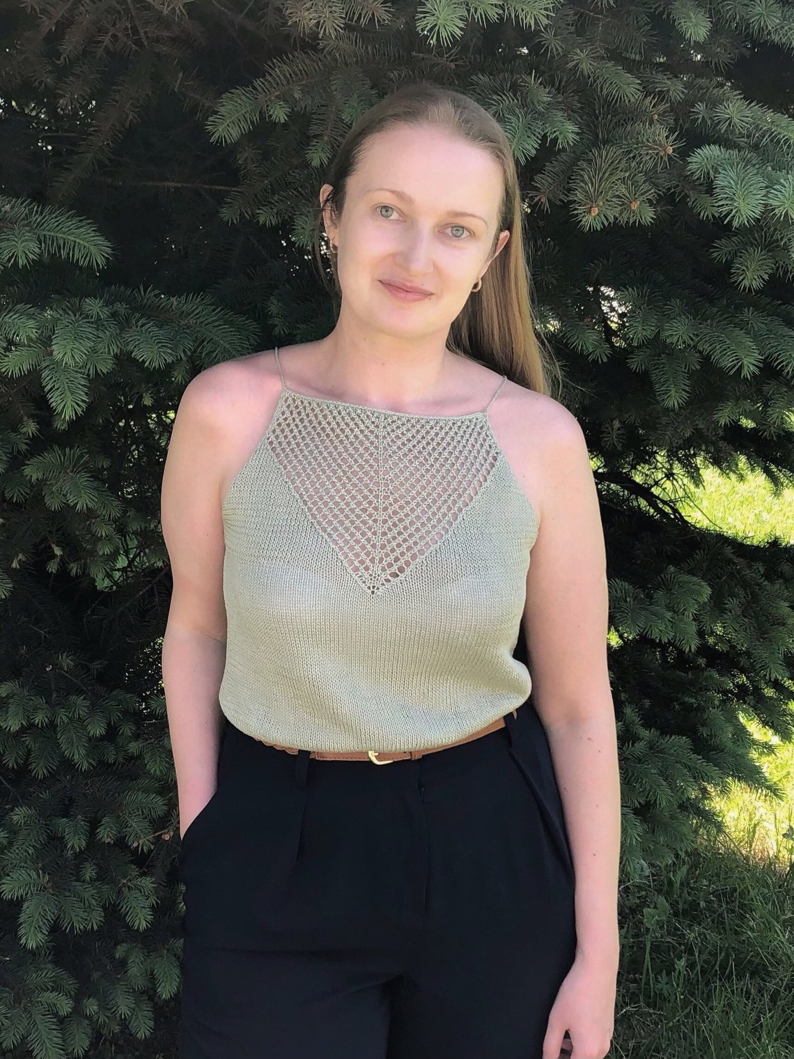 Linen Tank Top Olive Green Tops Low Cut Tops for Women Minimal Knit Top ...