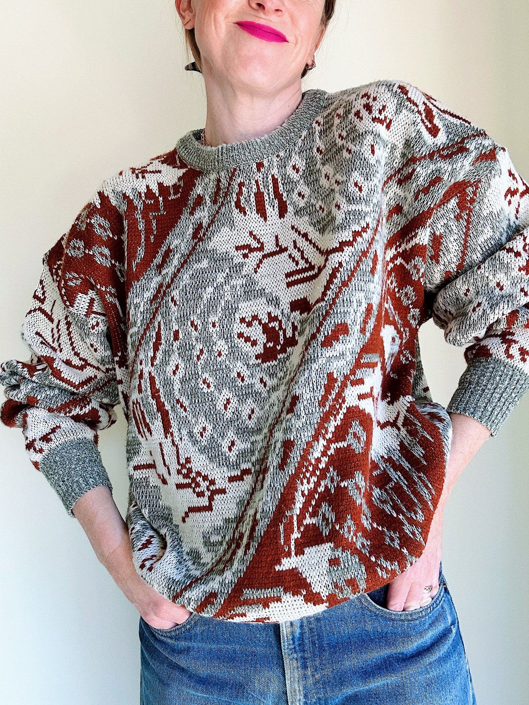 Vintage Abstract Sweater 80s Vintage Crewneck Knit Green, Cream, Brown ...