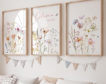 Boho Wildflower Set of 3 Nursery Prints, Printable Custom Floral Room ...