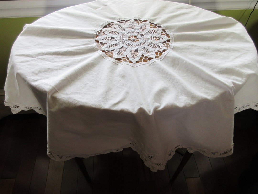 VINTAGE Round White Cotton BATTENBURG Tablecloth Shabby Chic Decor ...