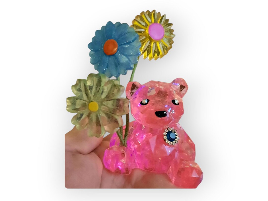 Teddy Bear Statue in Resin With FLOWERS in PINK - Etsy