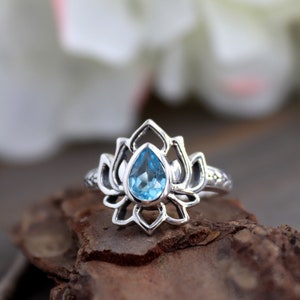 Lotus Blue Topaz Ring, Amethyst Lotus Ring, Sterling Silver Lotus Ring ...