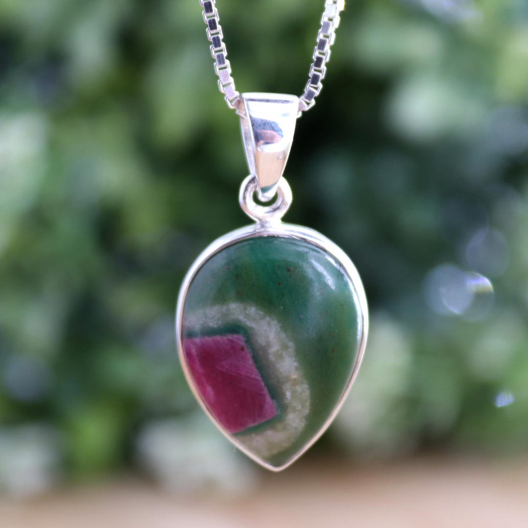 Teardrop Ruby Fuchsite Pendant, 925 Sterling Silver, Pear Ruby Fuchsite ...