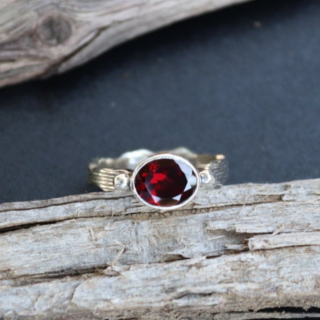 Garnet Ring, Blue Topaz Ring, Textured Band, Dainty Ring, Boho Ring ...