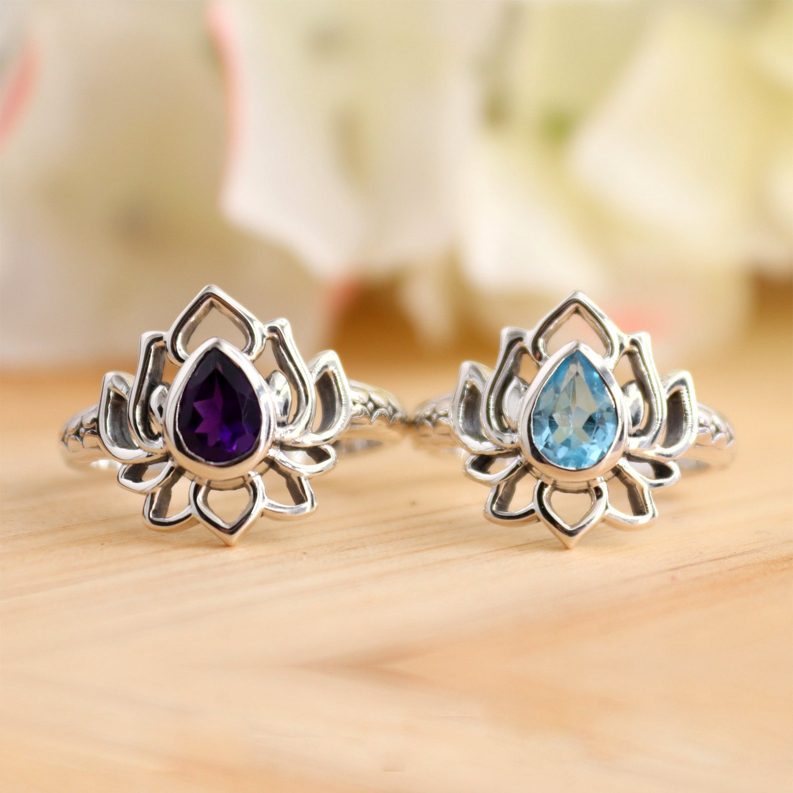 Lotus Blue Topaz Ring, Amethyst Lotus Ring, Sterling Silver Lotus Ring ...