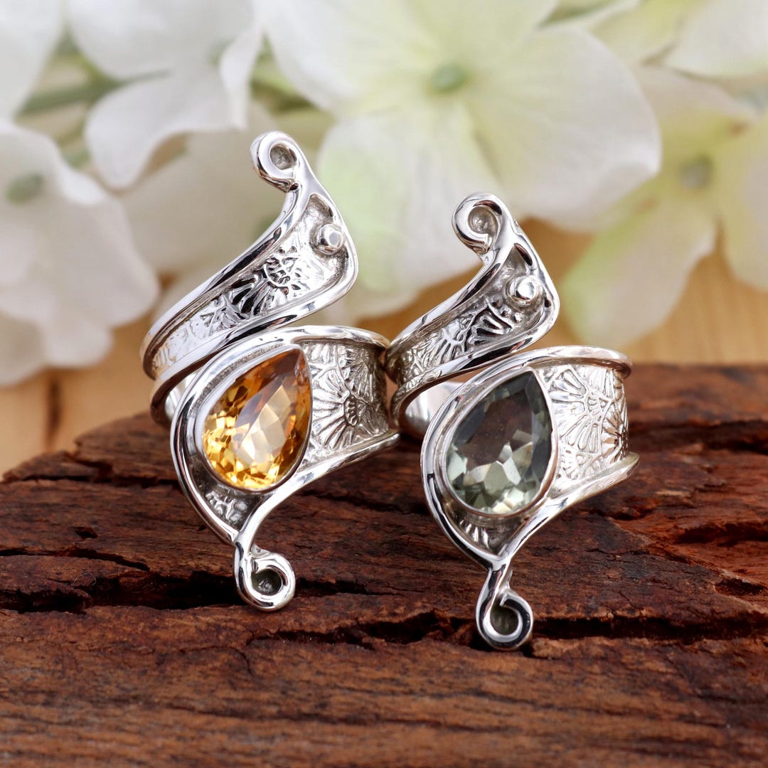 Green Amethyst or Citrine Wrap Ring, Boho Design, Handmade, Solid 925 ...