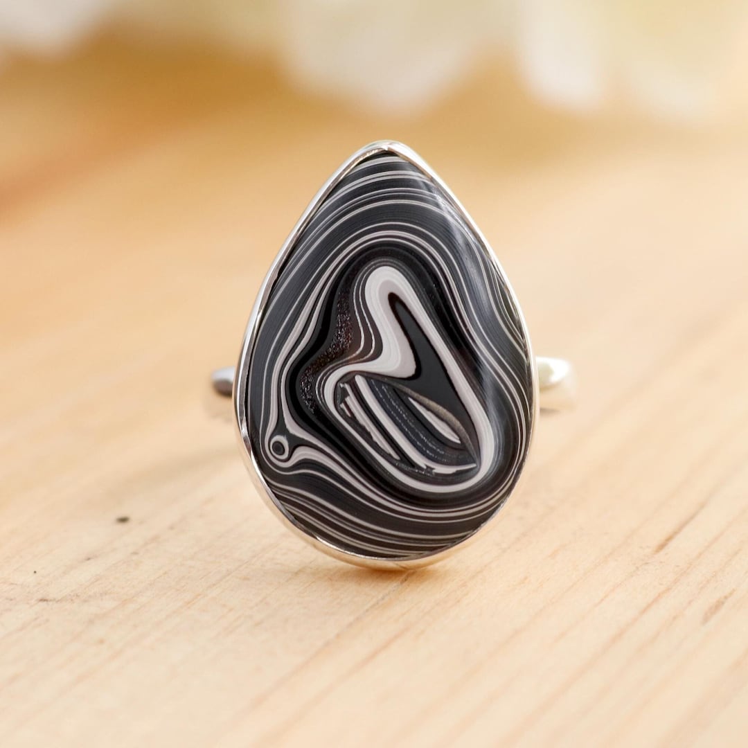 Teardrop Fordite Ring, Pear Fordite Ring, Handmade Silver Ring, Unique ...