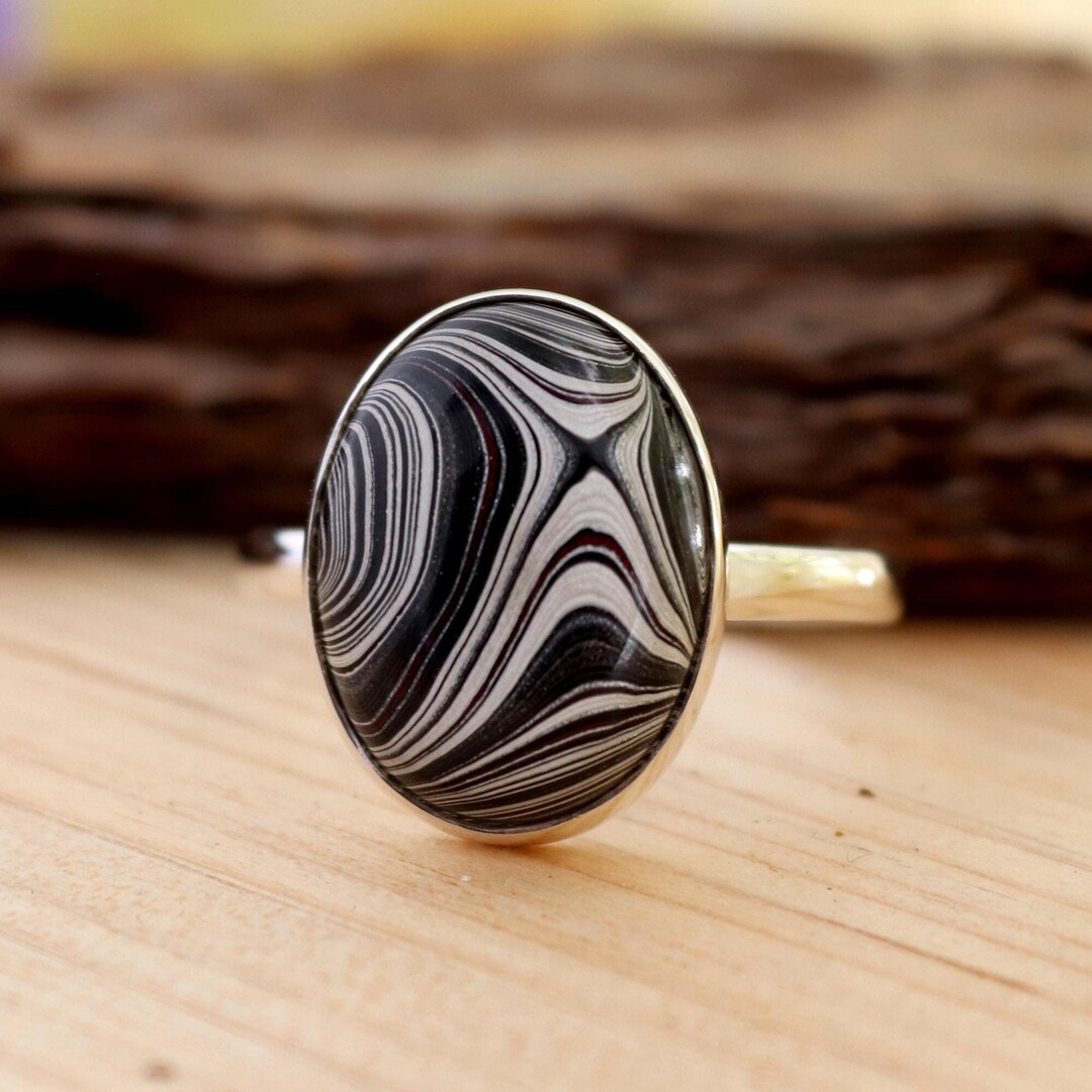 Fordite Ring, Black & White Fordite Ring, Oval Agate Ring, Handmade ...