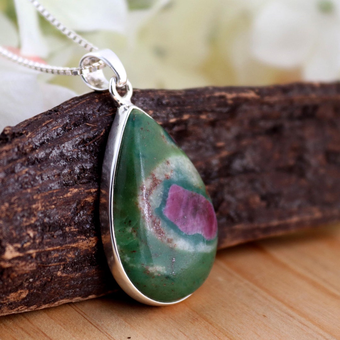Teardrop Ruby Fuchsite Pendant Necklace, 925 Sterling Silver Fuchsite ...