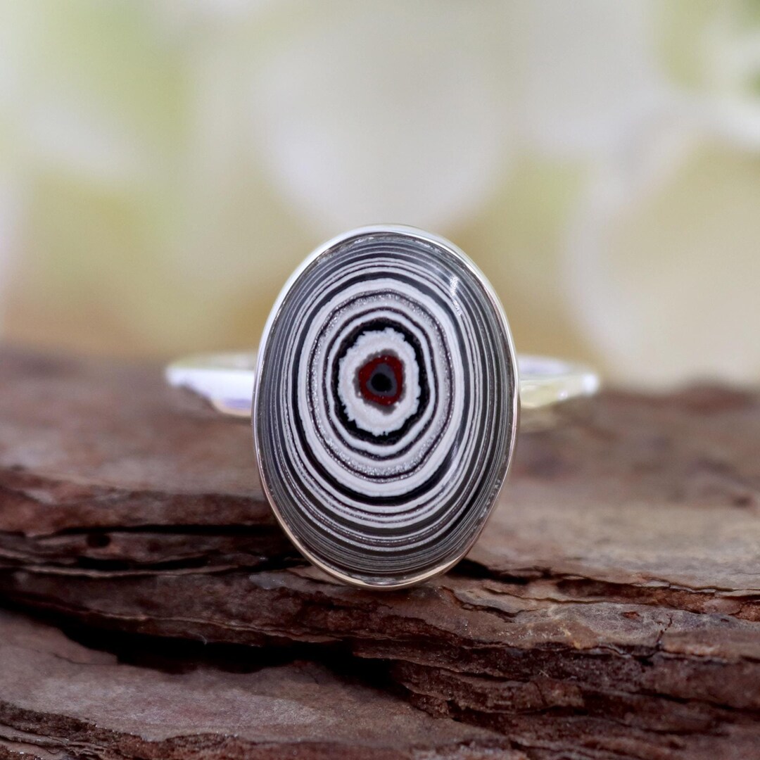 Red Oval Fordite Ring, Unique Fordite Oval Agate Ring, Handmade Silver ...
