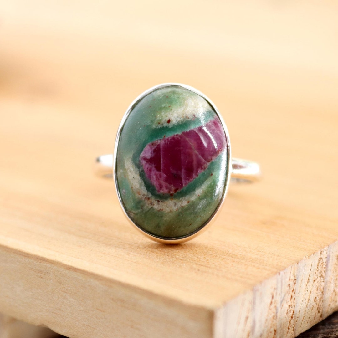 Oval Ruby Fuchsite Ring, 925 Sterling Silver Ring, Unique Pink Ruby Ring, Oval Ruby Zoisite Ring ...