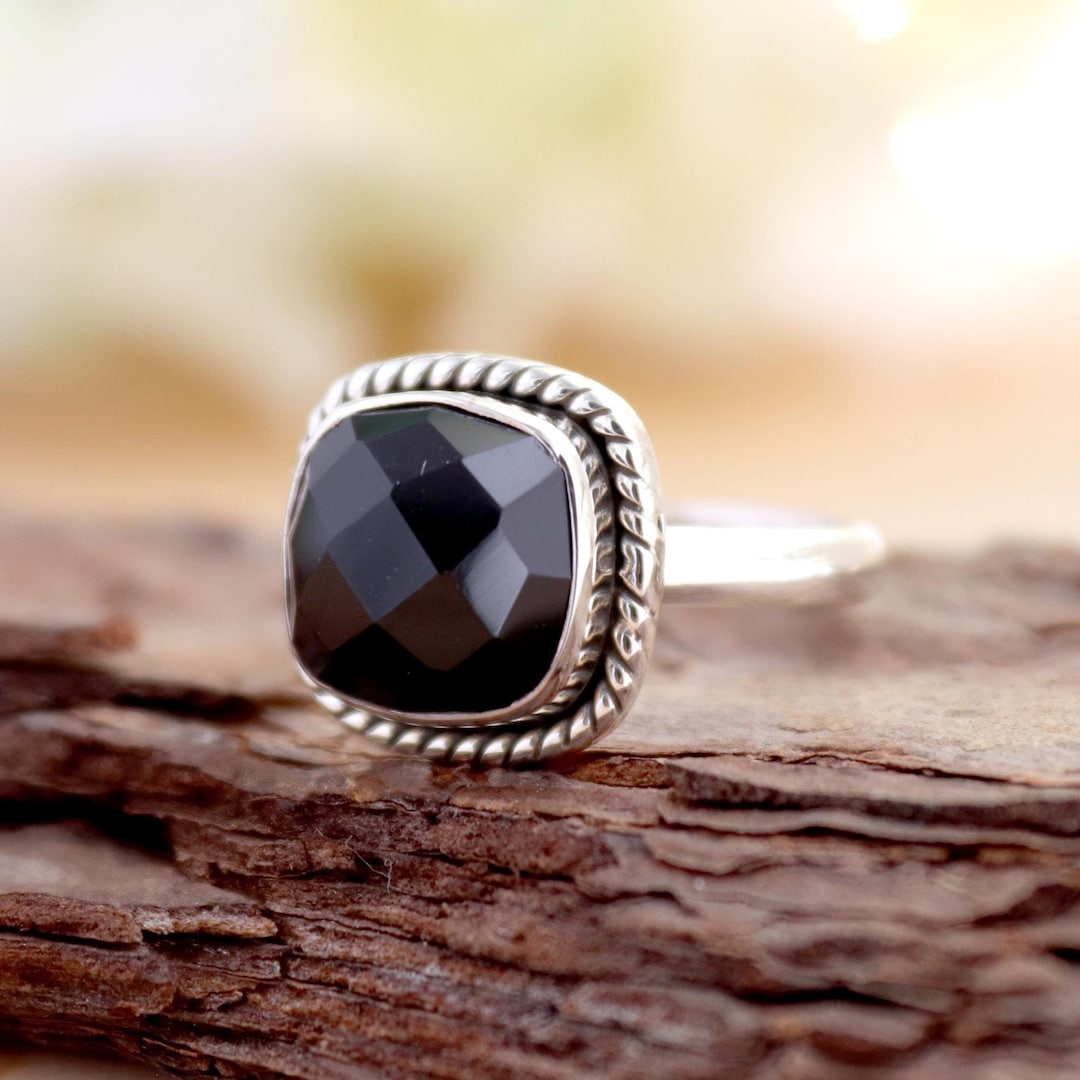 Black Onyx Ring, Sterling Silver Onyx Ring, Cushion Cut Onyx Ring ...