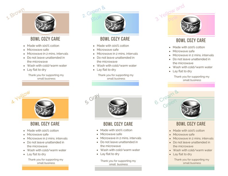 Printable Bowl Cozy Care & Use Instruction Cards - Digital Download for ...