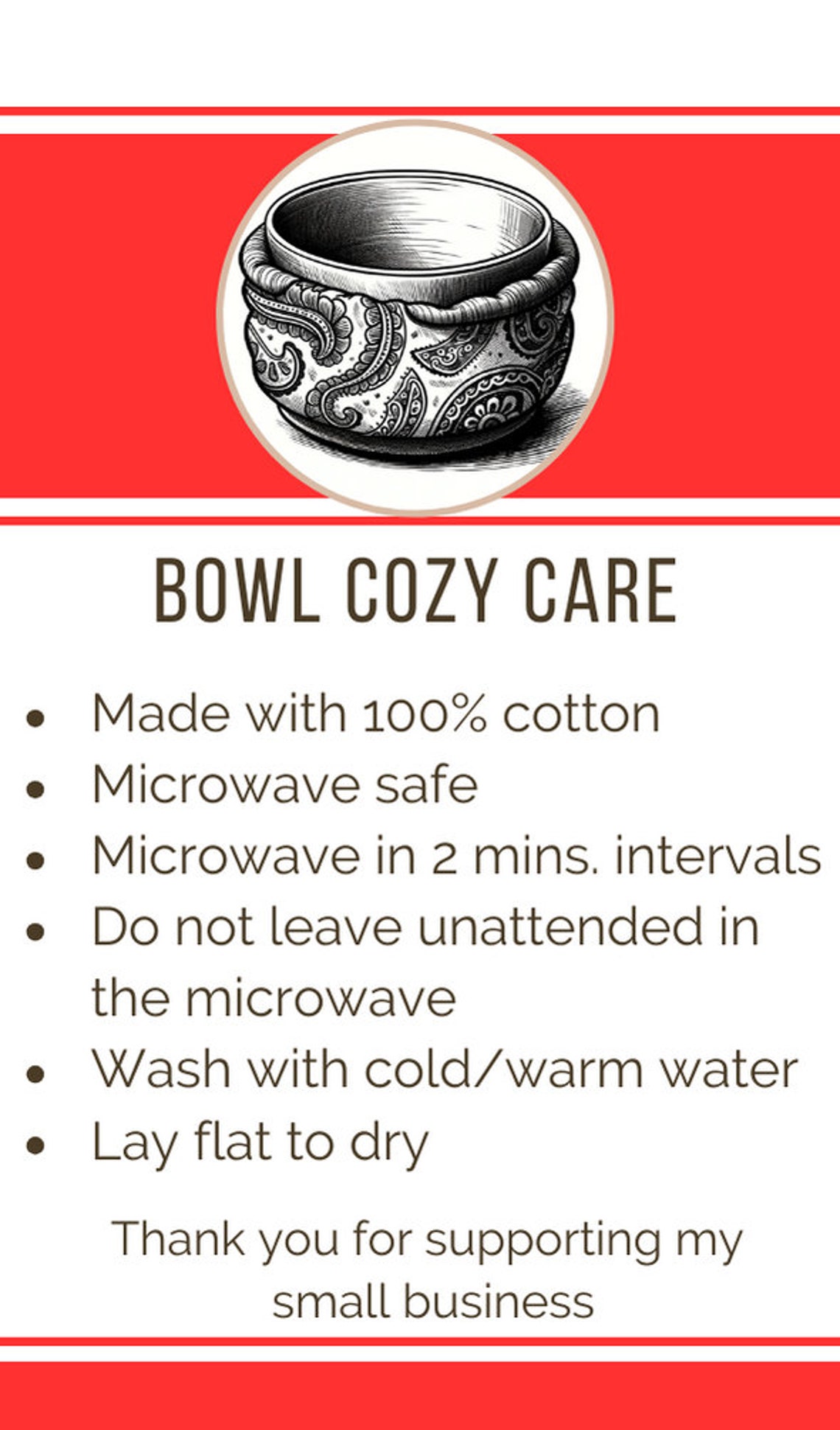 Printable Bowl Cozy Care & Use Instruction Cards Digital Download for ...