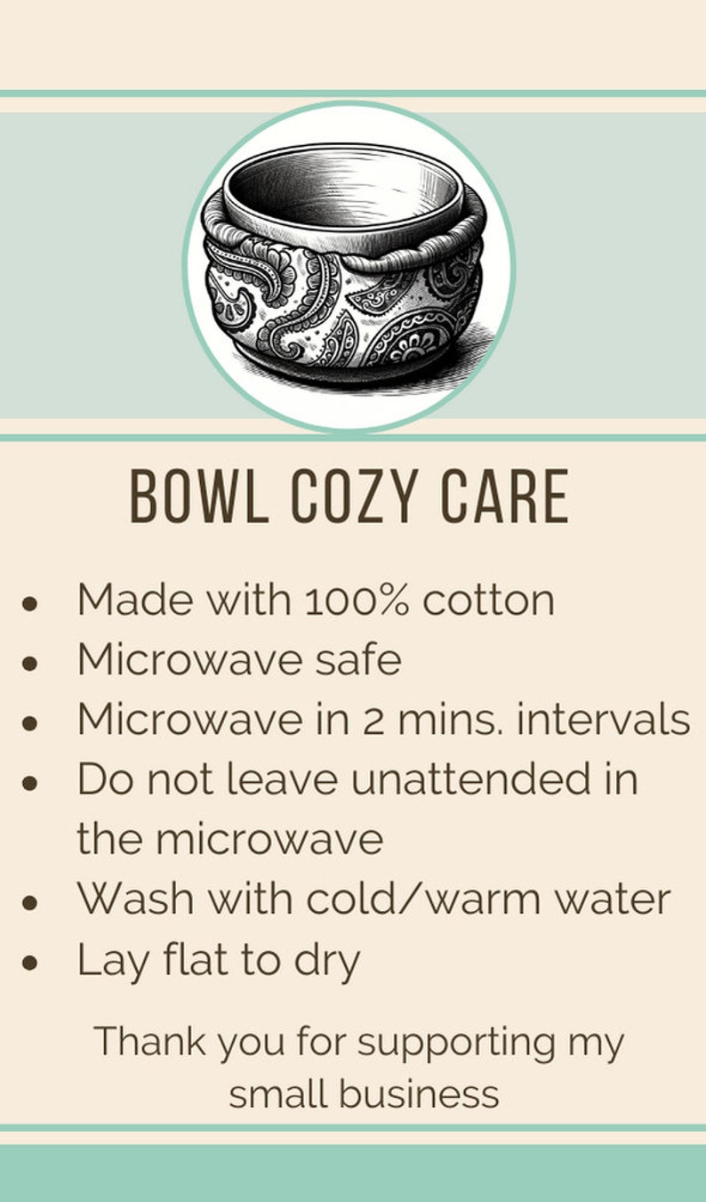 Printable Bowl Cozy Care & Use Instruction Cards - Digital Download for ...