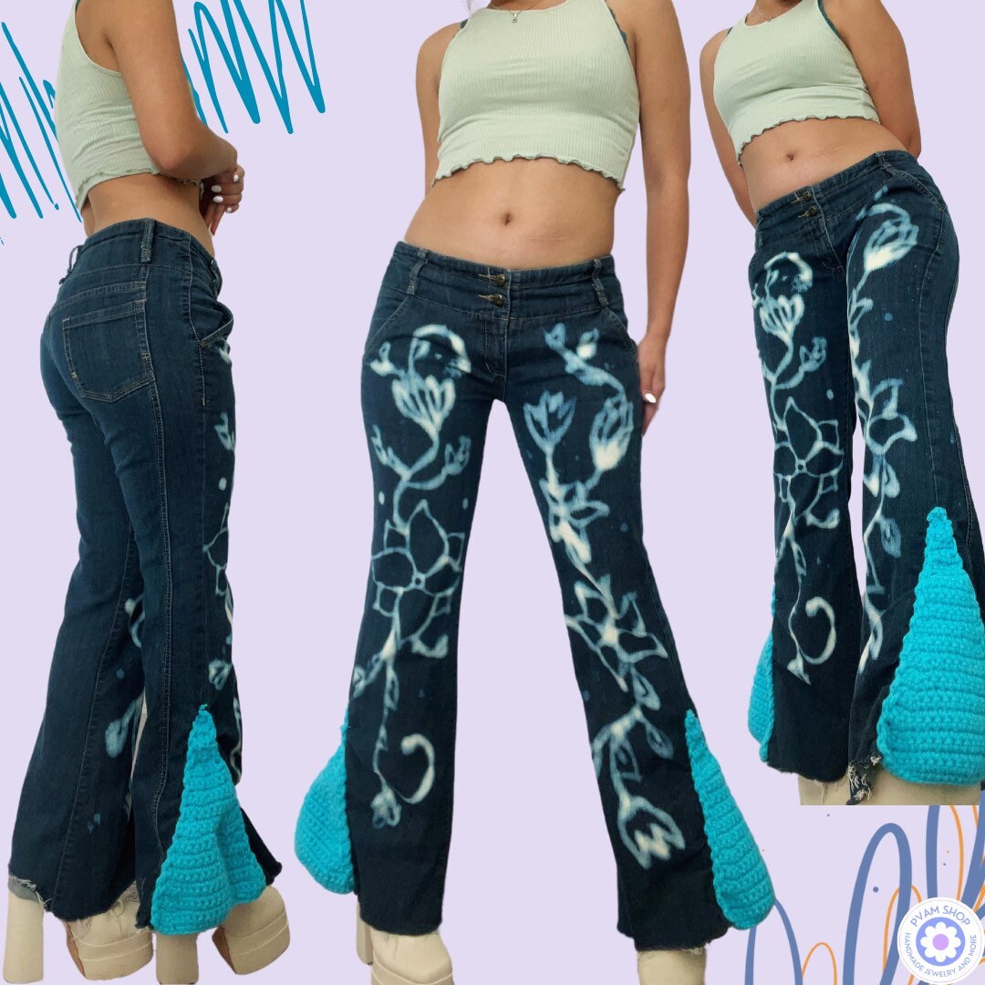 Bleach and Crocheted Upcycled Flare Jeans - Etsy