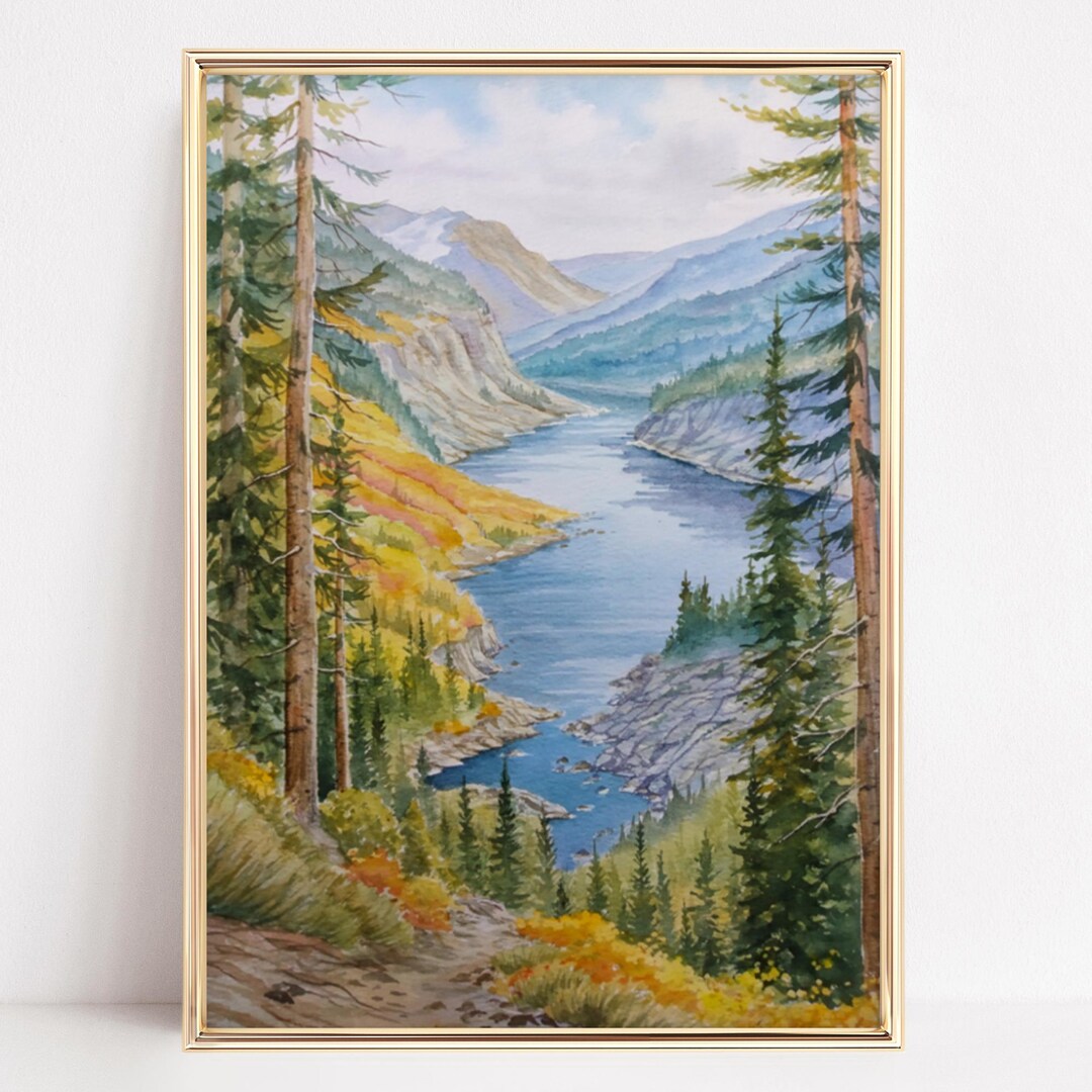 Watercolor Poster With Mountain Landscape and River Nature Poster ...