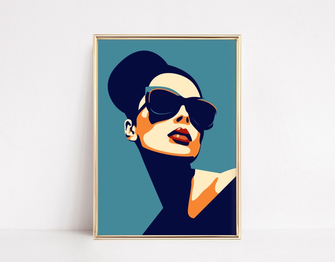 Retro Woman With Sunglasses Poster Vintage Wall Art Blue Black Mural ...