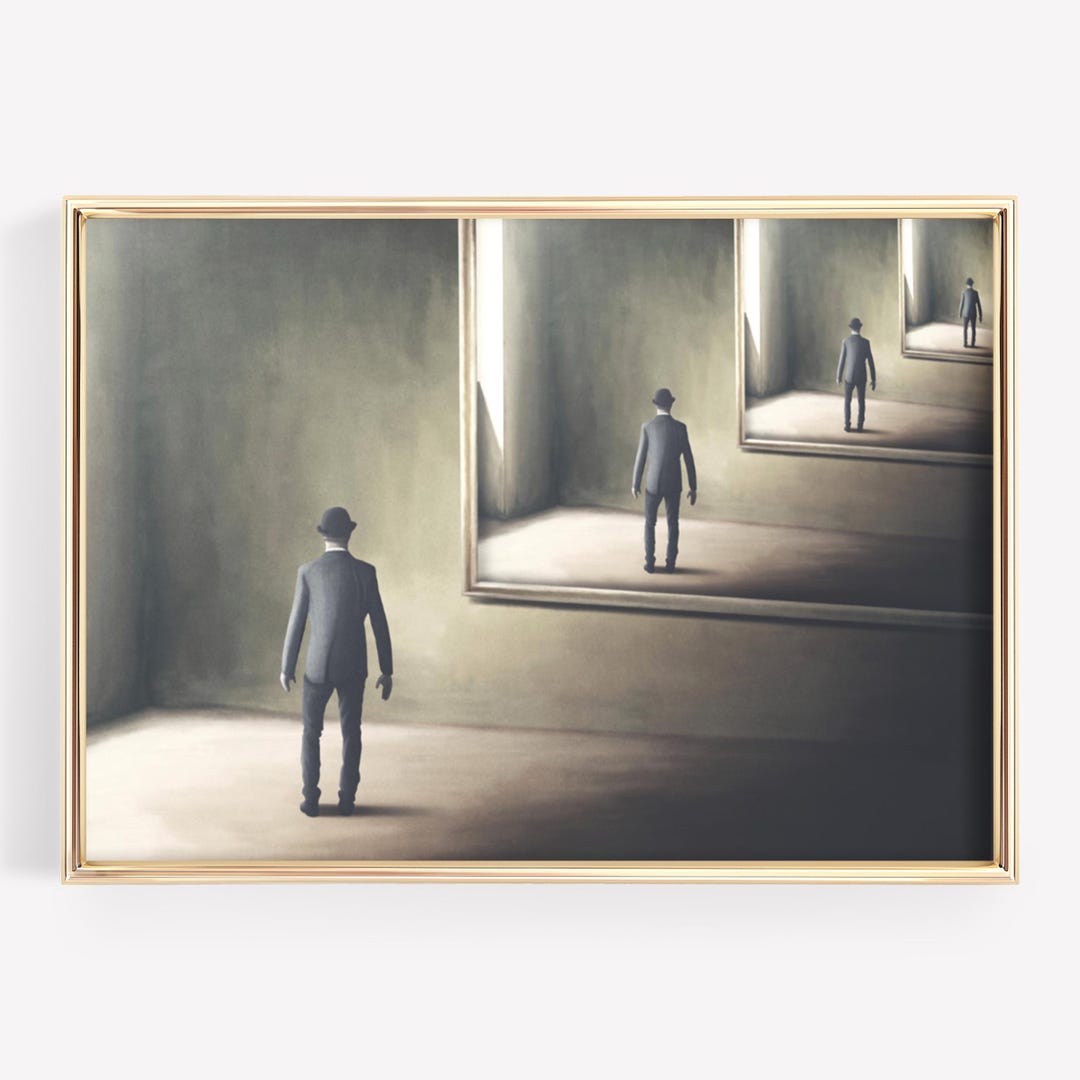 Surrealist Mirror Poster Endless Space With Man in Suit Optical Illusion Wall Decoration Surreal ...