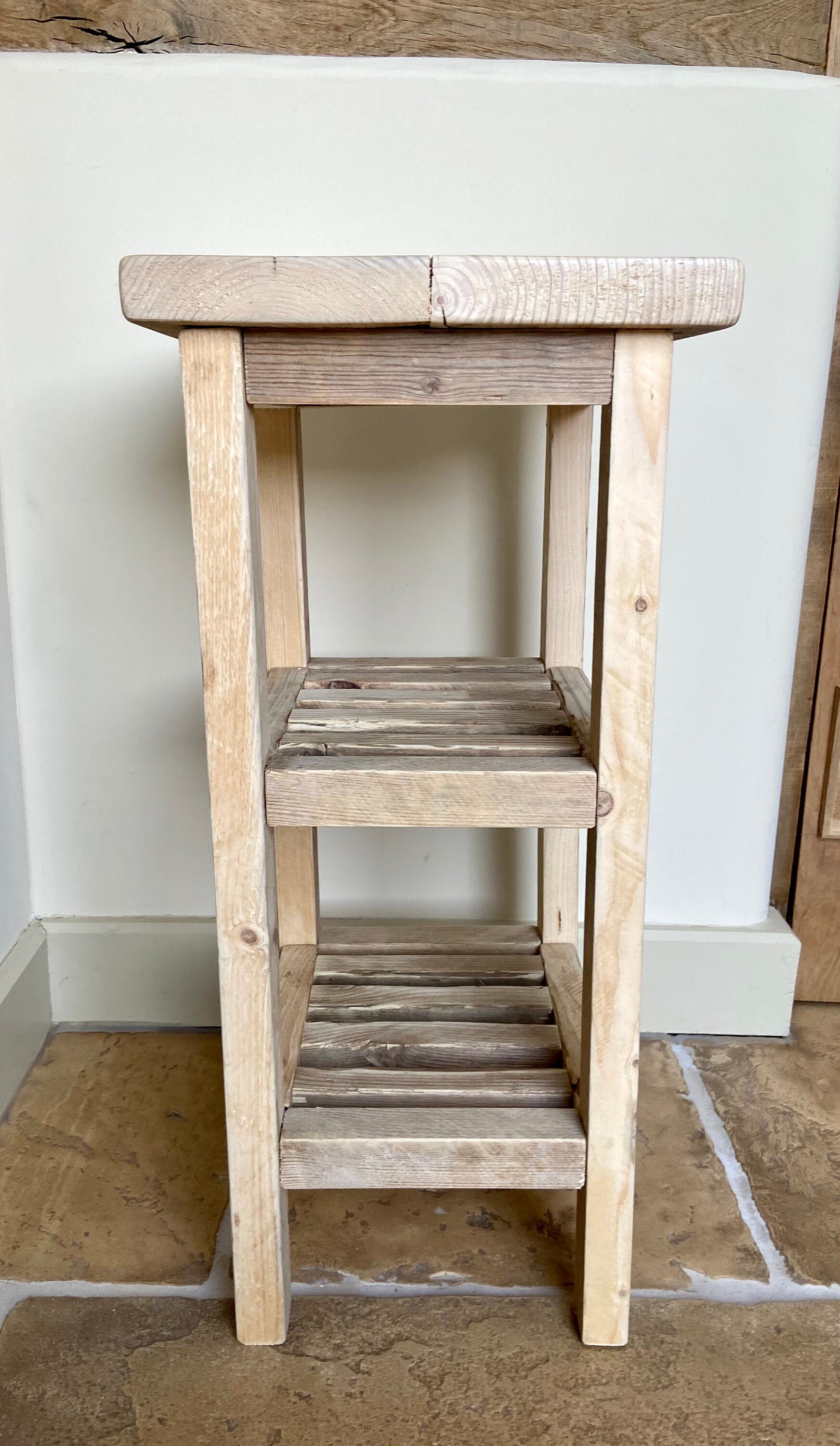 Rustic Wooden Tall Stool With Slats Reclaimed Wood Bar Stool With ...