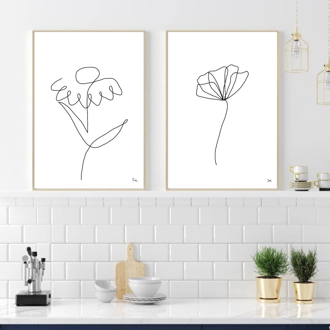 Set of 2 Flower Line Art. Moving in Line Art. Moving in Gift. New Home ...