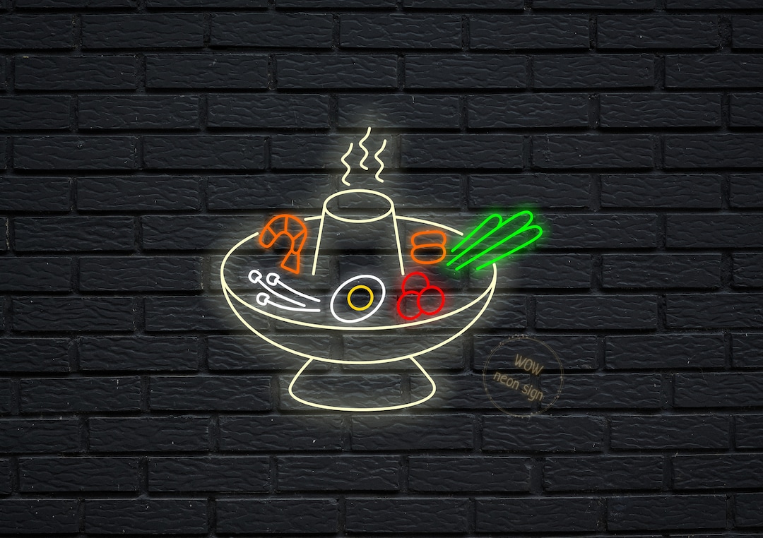 Eating Hot Pot Neon Sign, Hot Pot With Greens, Fish and Vegetables Neon ...