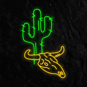 Cow Skull and Cactus Neon Sign, Western Rodeo Decor - Etsy