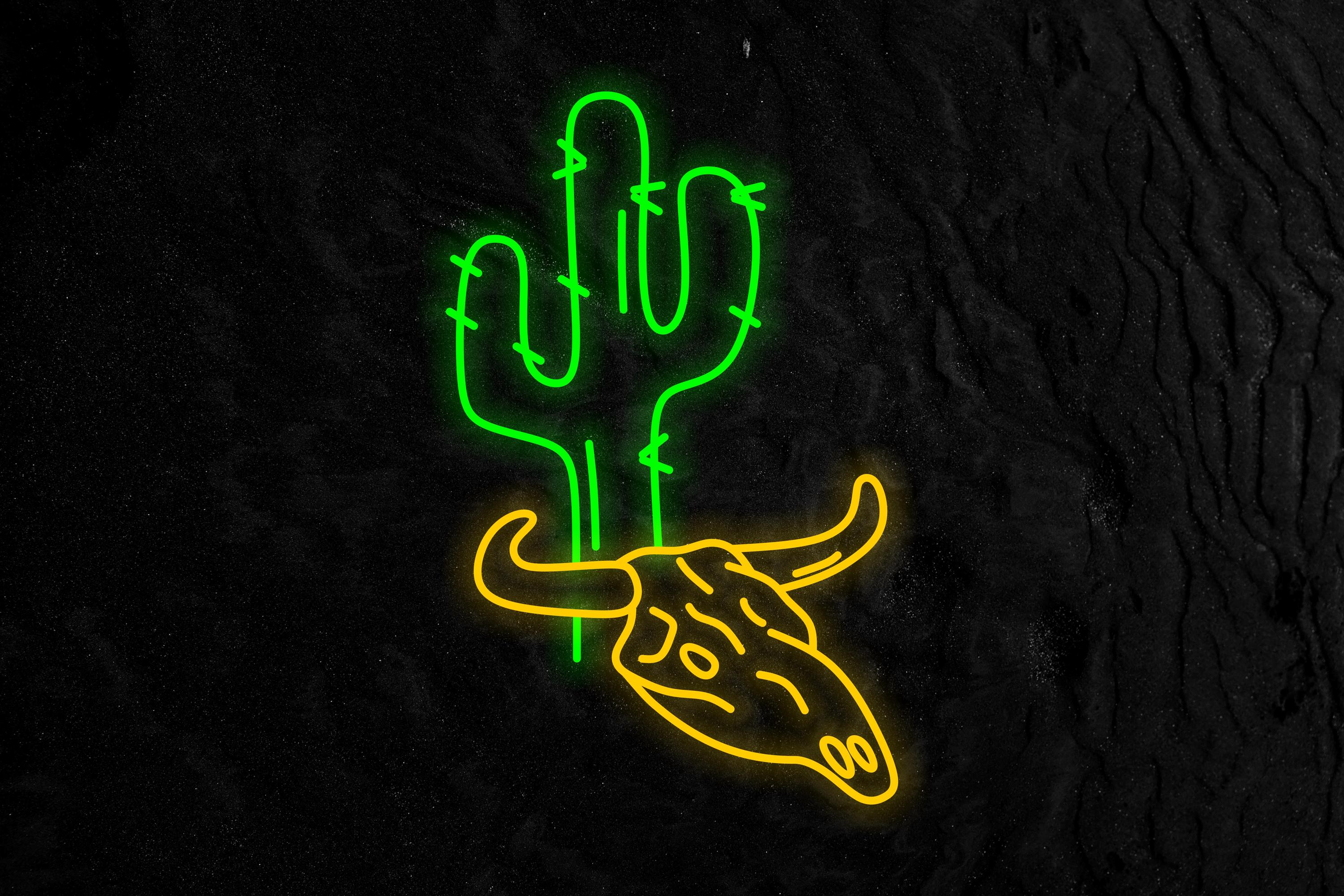 Cow Skull and Cactus Neon Sign, Neon Western Cow Skull Sign, Longhorn ...