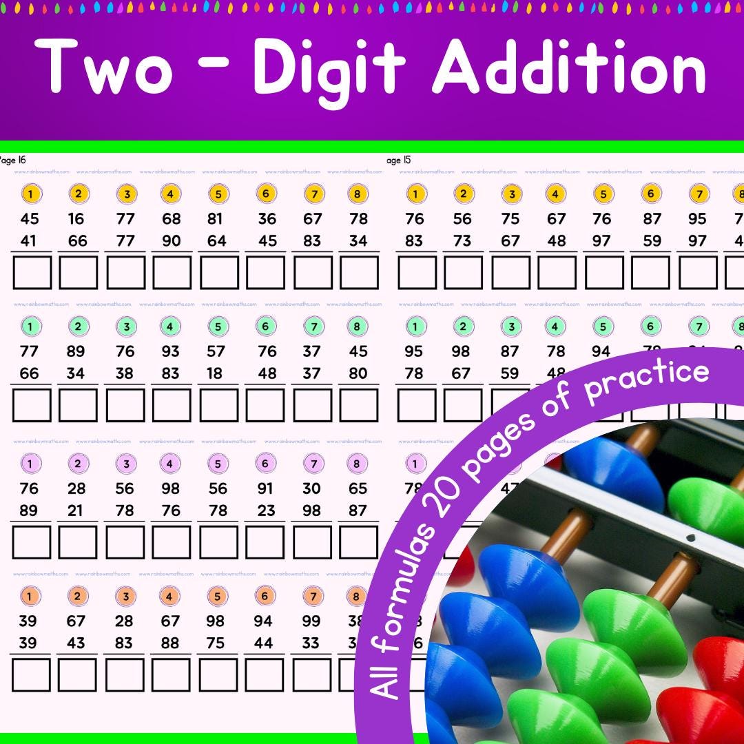 Abacus Two Digit Addition 20 Worksheets Printable Soroban Mental Maths ...